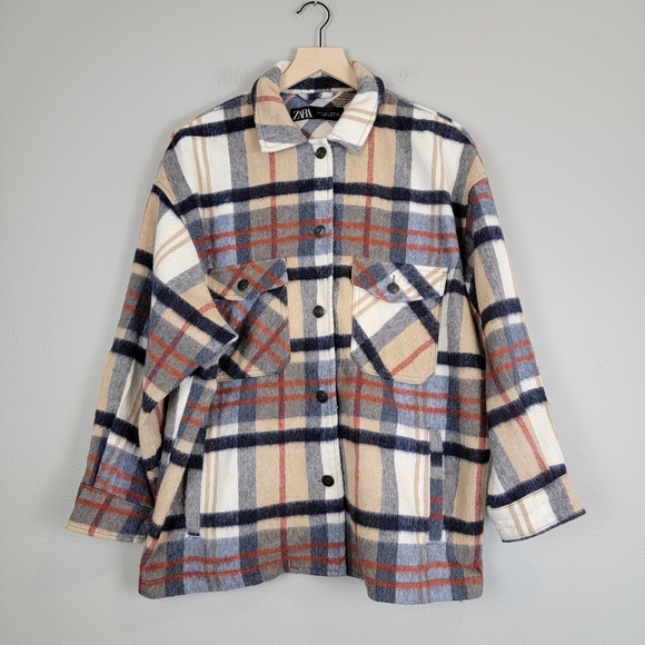 Zara | Tops | Zara Plaid Overshirt Shacket Large Blue Brown | Poshmark